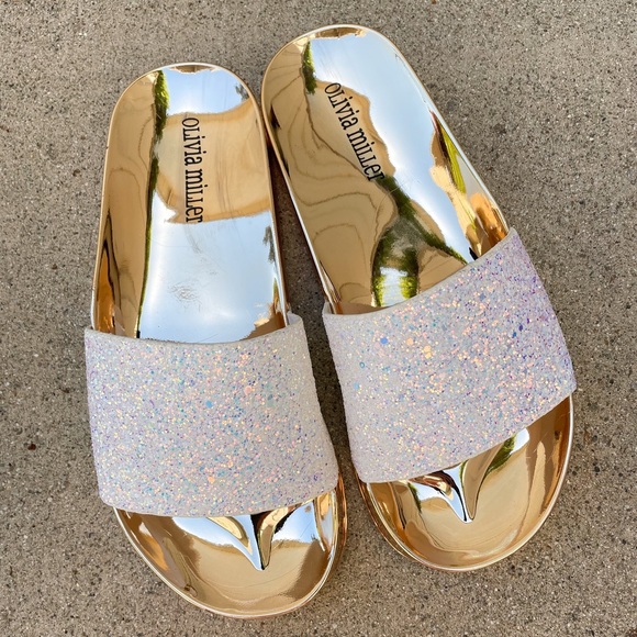 Olivia Miller | Shoes | 2x Hp Iridescent Sparkly Glitter Gold Slides ...